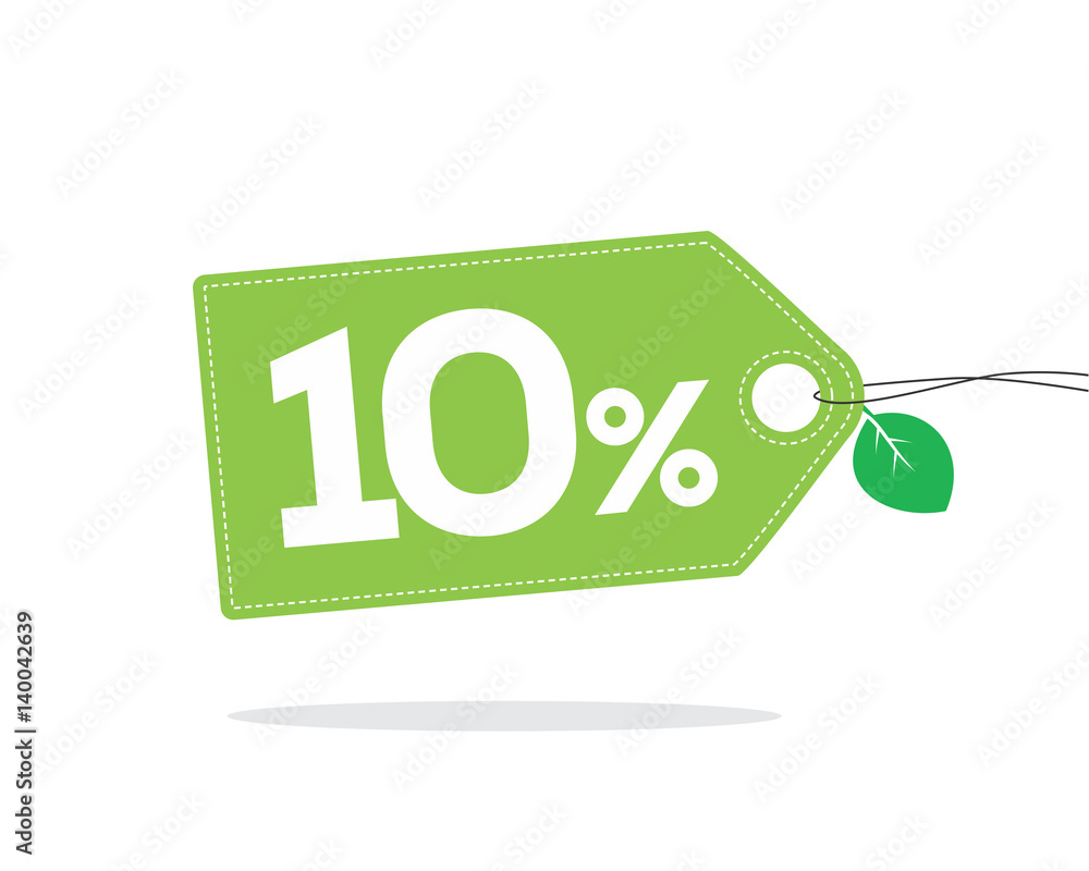 Green price tag label with 10% text and stitches on it and with a leaf ...