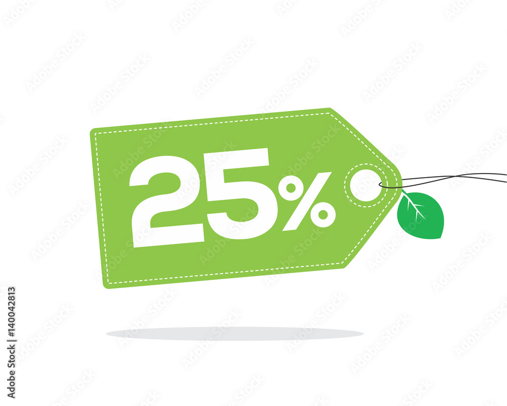 Green price tag label with 25% text and stitches on it and with a leaf ...