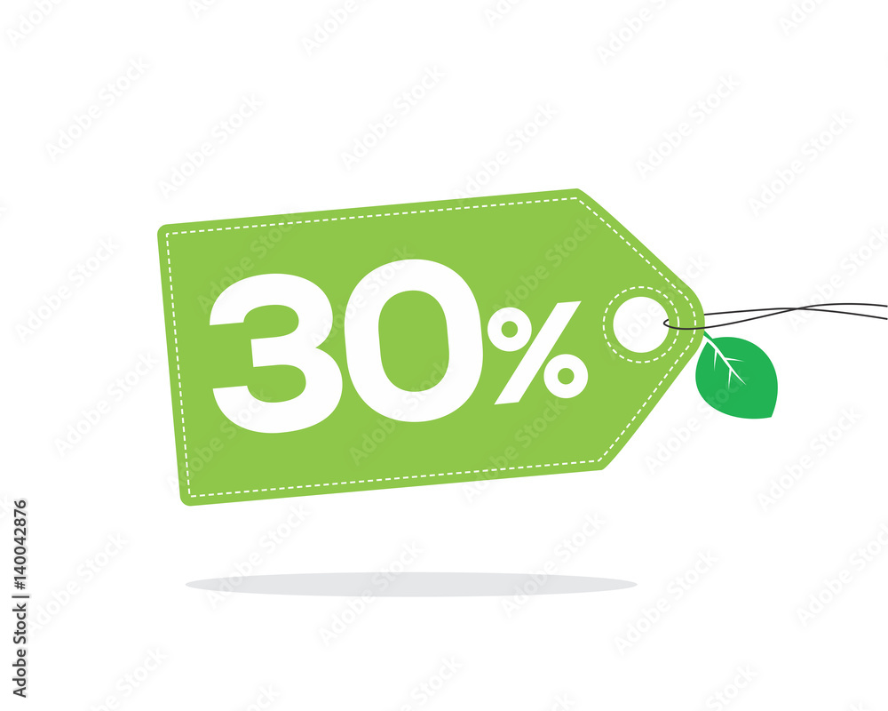 Green price tag label with 30% text and stitches on it and with a leaf ...