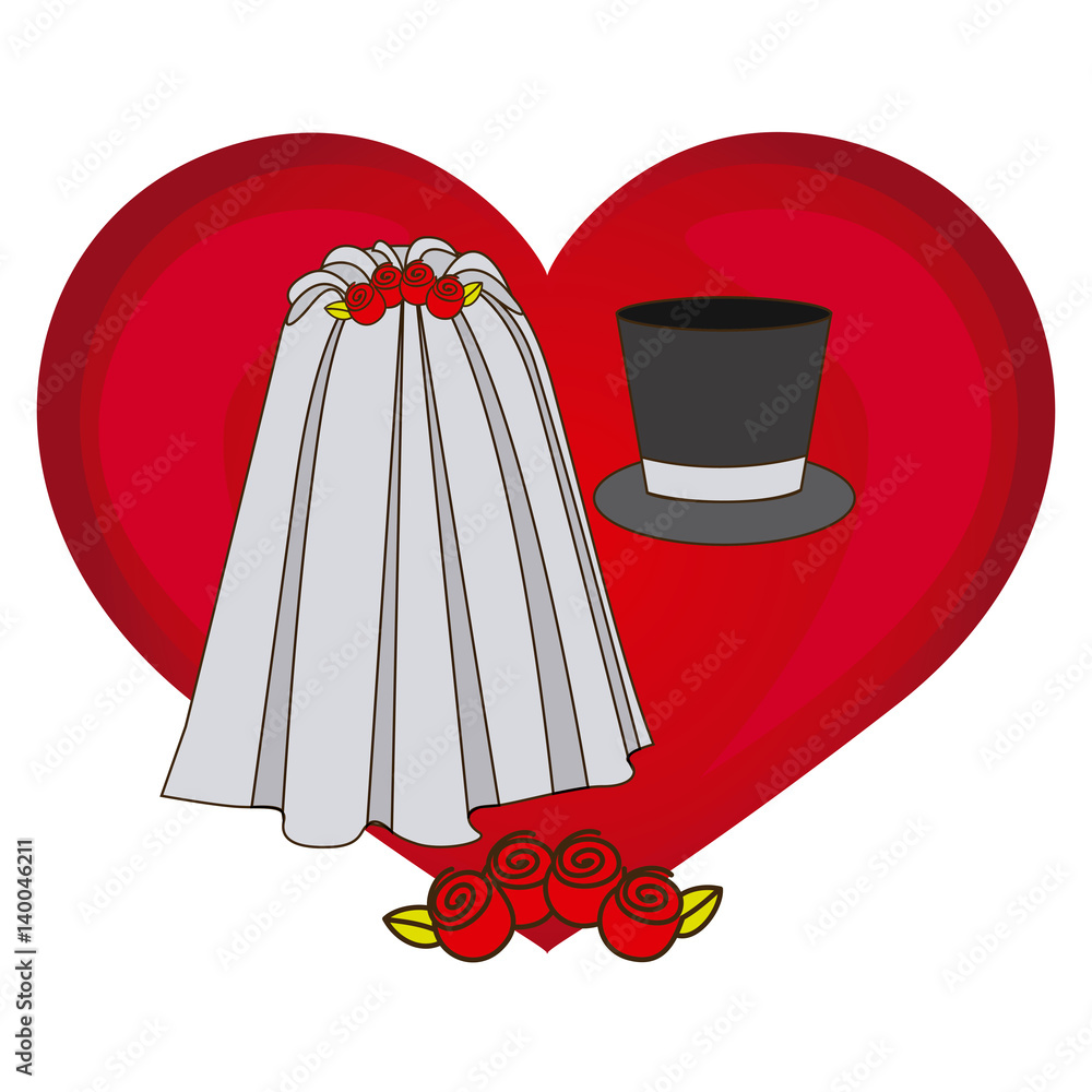 colorful heart costume veil bride with hat groom vector illustration ...