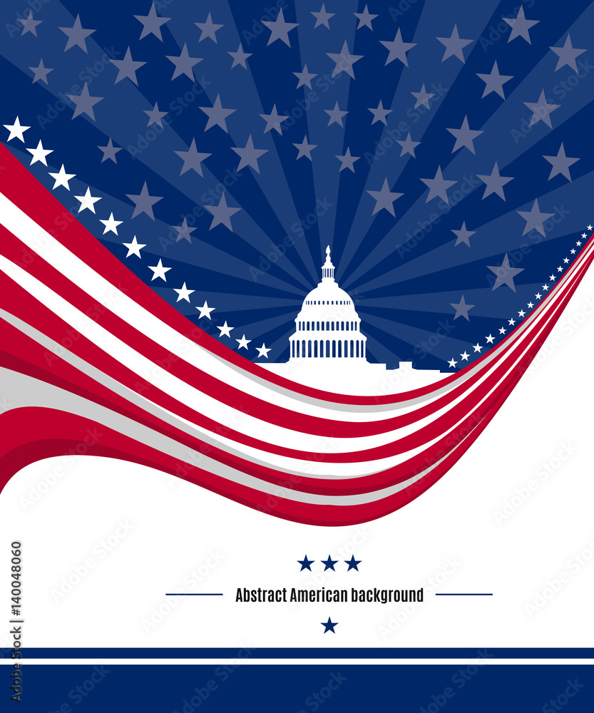 Patriotic American background with abstract USA flag and White house ...