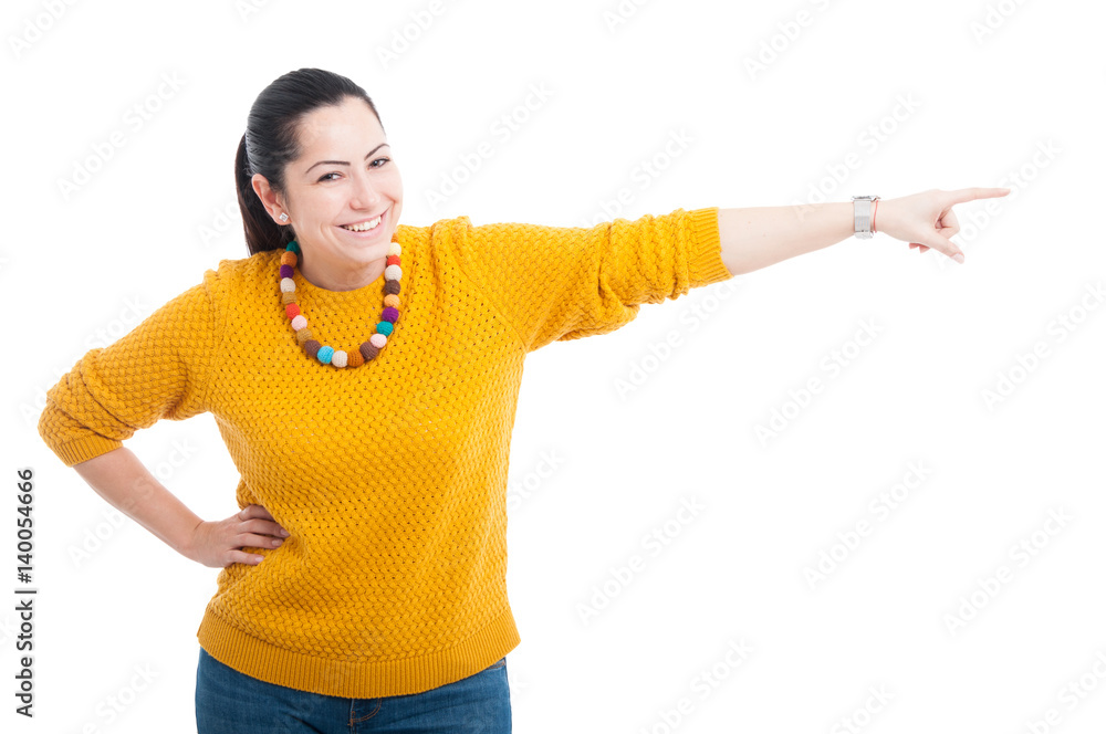 Happy female pointing or indicate something Stock Photo | Adobe Stock