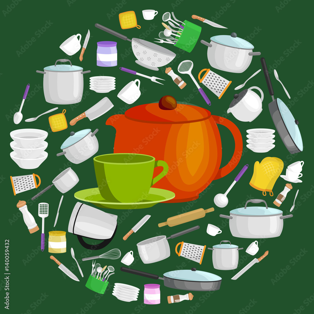 Cartoon kitchen utensil set, collection of orange teepot and green cup ...