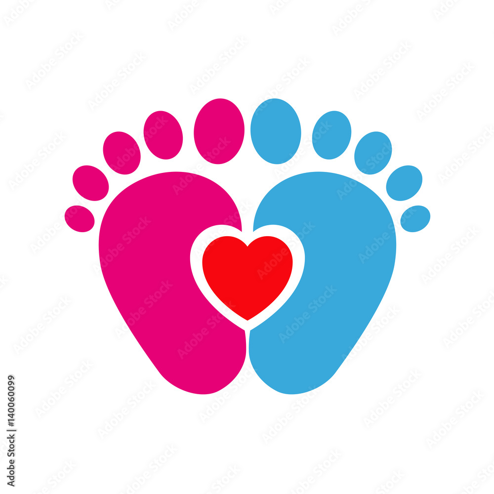 Icono plano pies de bebé azul y rosa con corazón rojo en fondo blanco ...