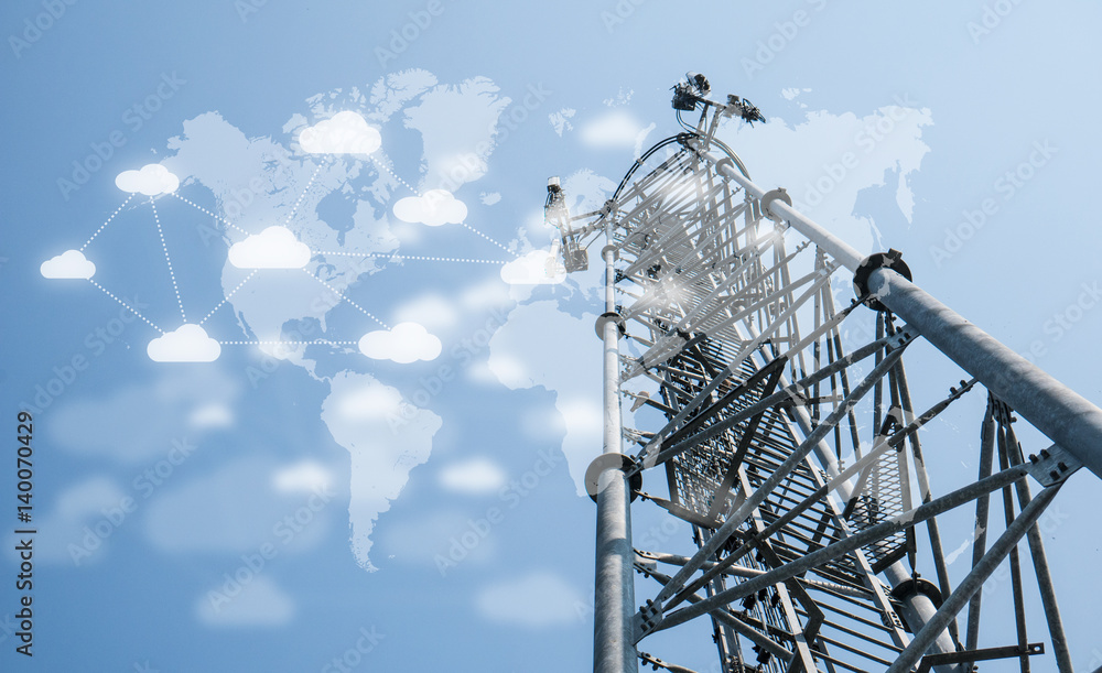 Info-graphic cloud and world map with communication tower Stock Photo ...