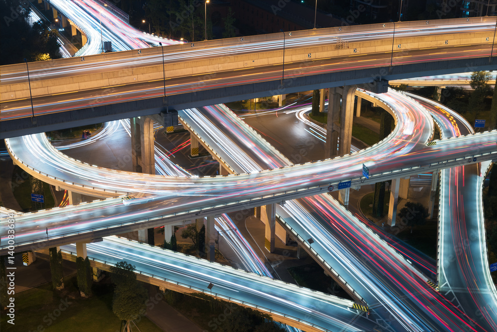 Interchange aerial view at night with light trails in Chengdu - China ...
