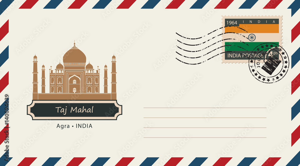 an envelope with a postage stamp with Taj Mahal, and the flag of India ...