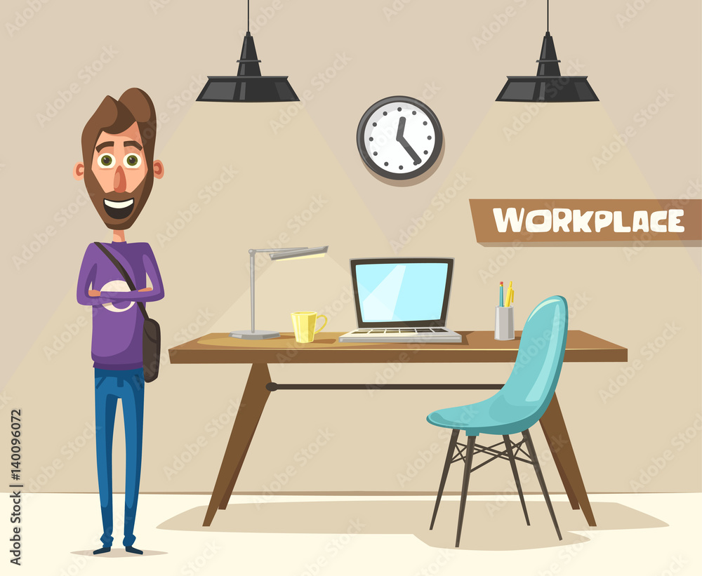 Modern workplace. Creative character. Office work. Cartoon vector ...
