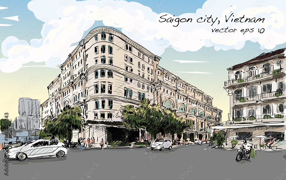 Sketch cityscape of Saigon city (Ho Chi Minh) show Union Square and ...