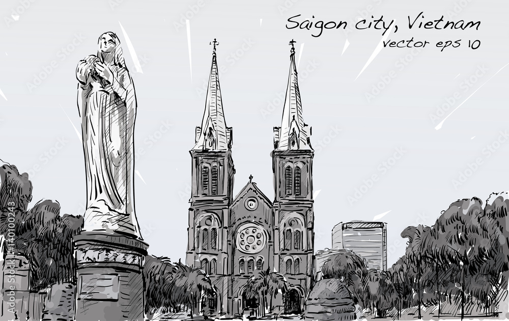 Sketch cityscape of Ho Chi Minh city show Saigon Notre-Dame Cathedral ...