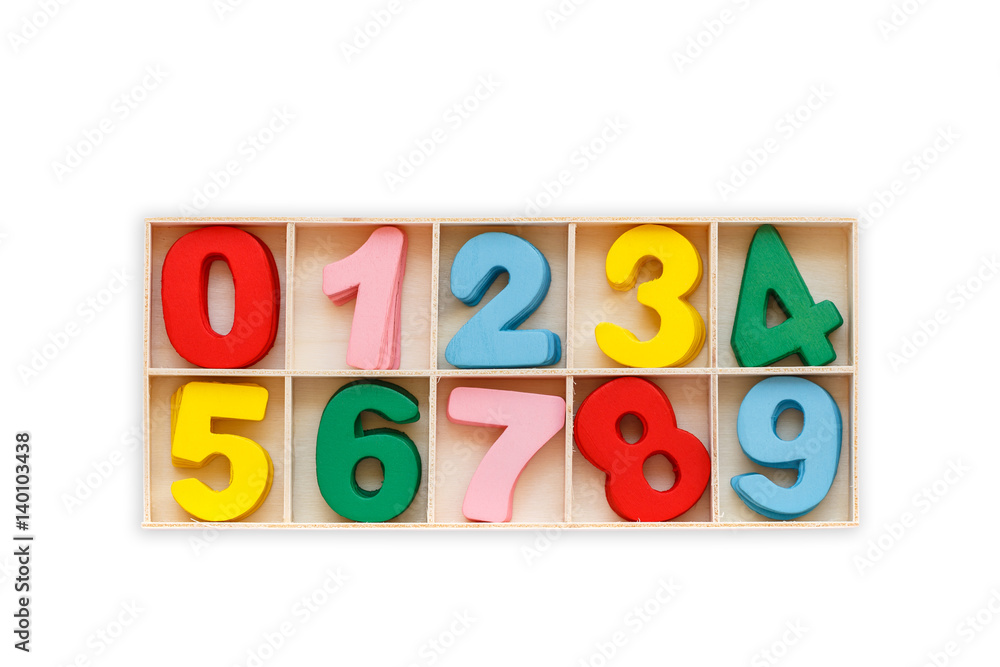 Colorful wooden number in square box. Top view. Isolated on white ...