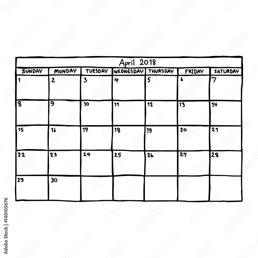 calendar April 2018 - vector illustration sketch hand drawn isolated on ...