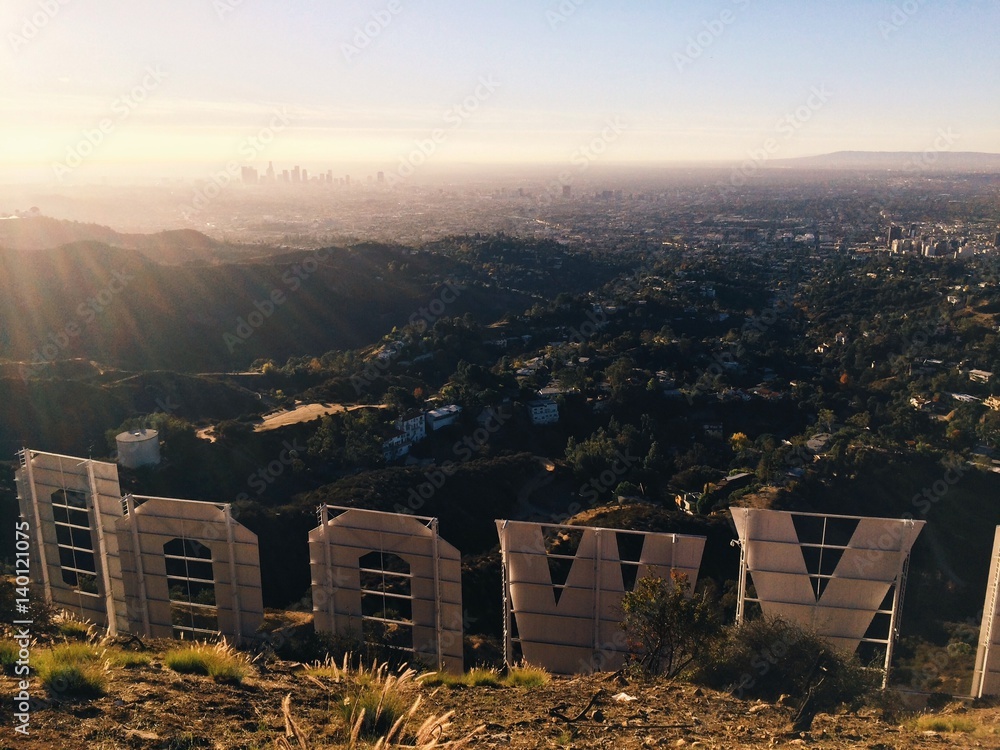 Rear view of Hollywood sign, overlooking Los Angeles, California ...