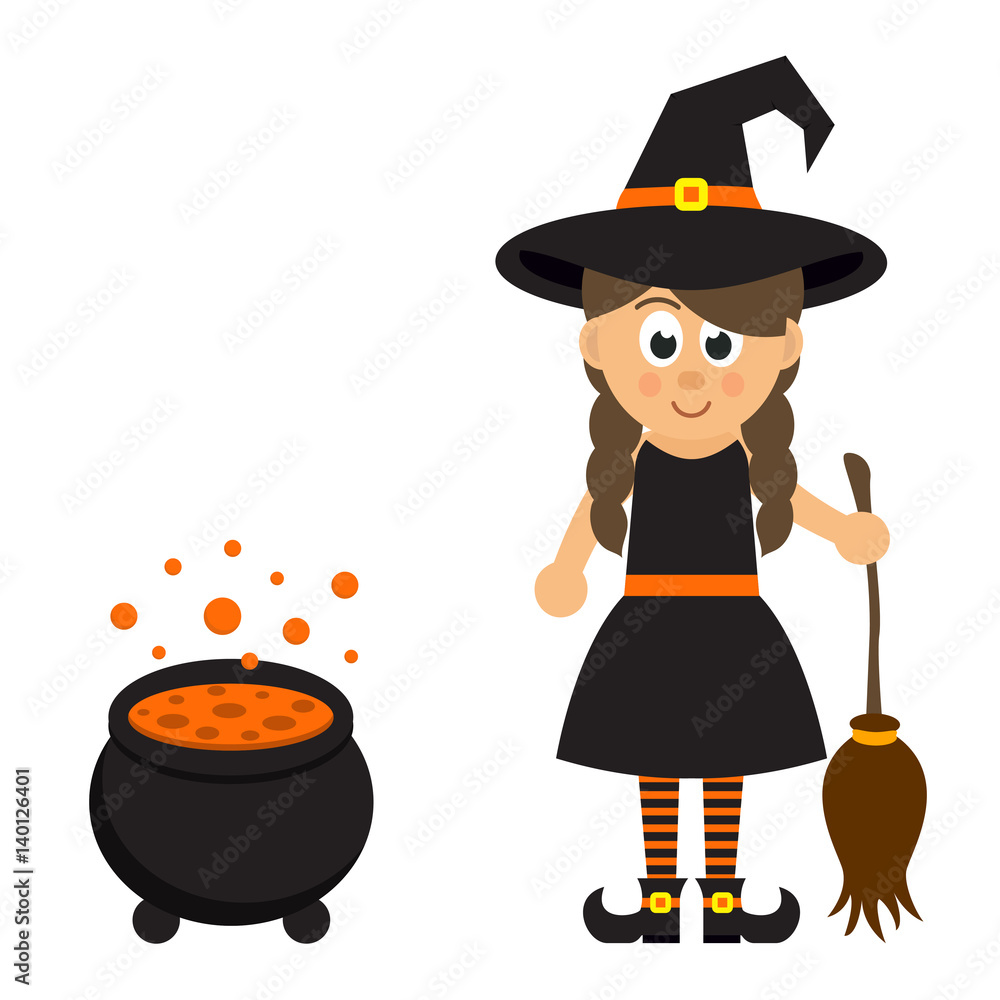 cartoon witch girl with cauldron and broom Stock Vector | Adobe Stock