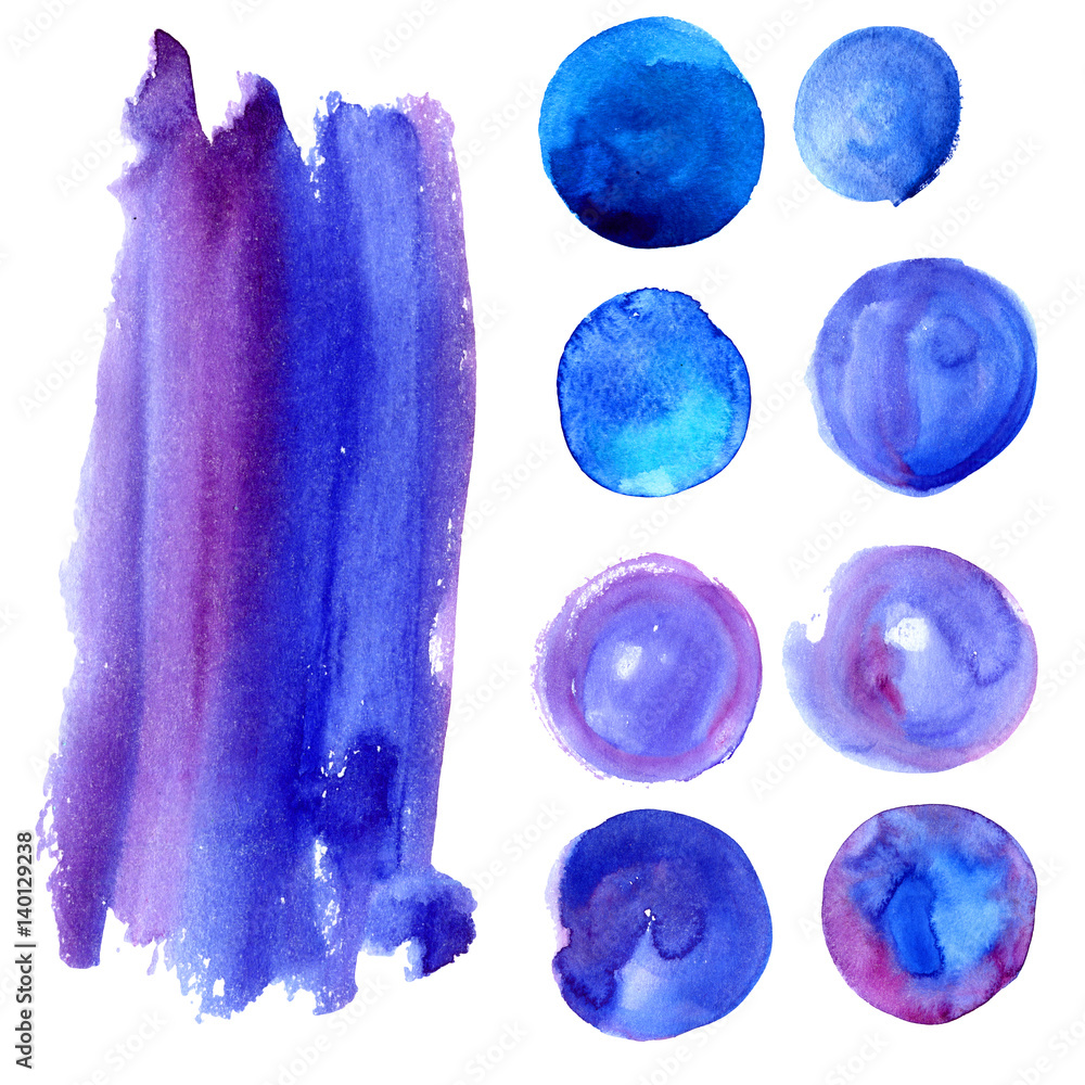 Set of blue watercolor stains. Swabs suitable for texture advertising ...