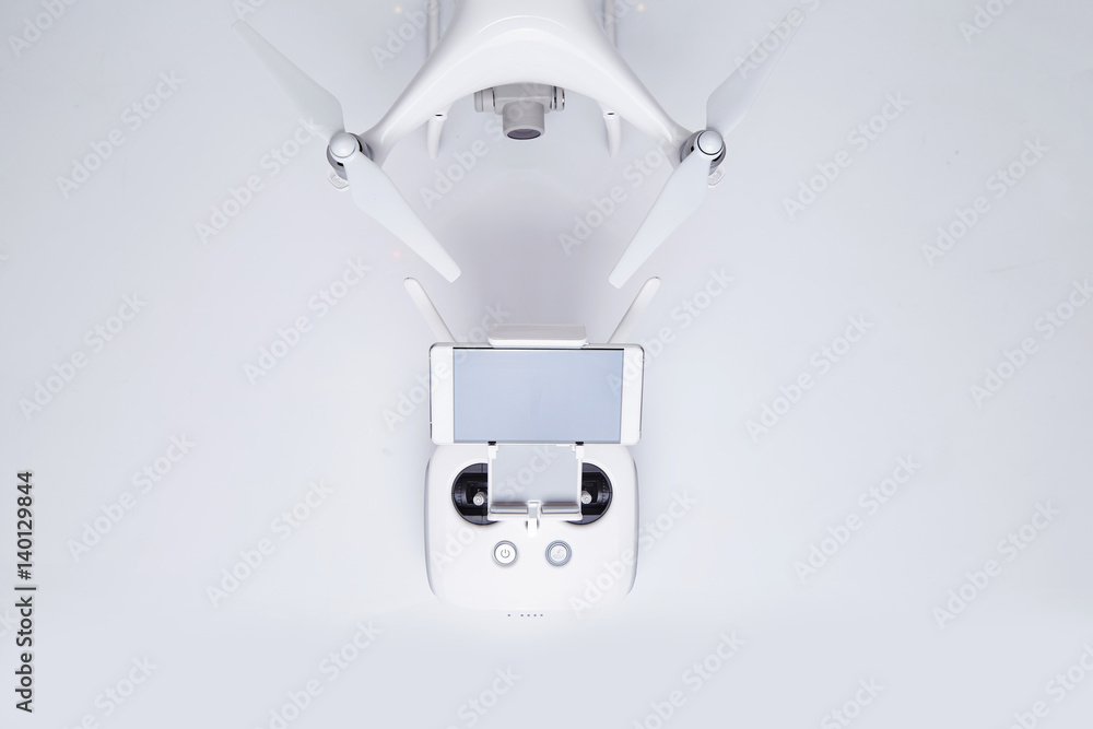 Drone quadcopter with a flight controller isolated on white background ...
