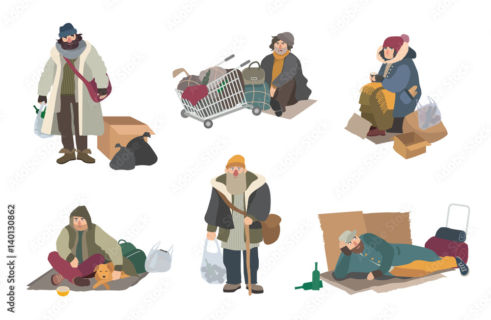 Homeless people. cartoon flat characters set illustration. Stock Vector ...