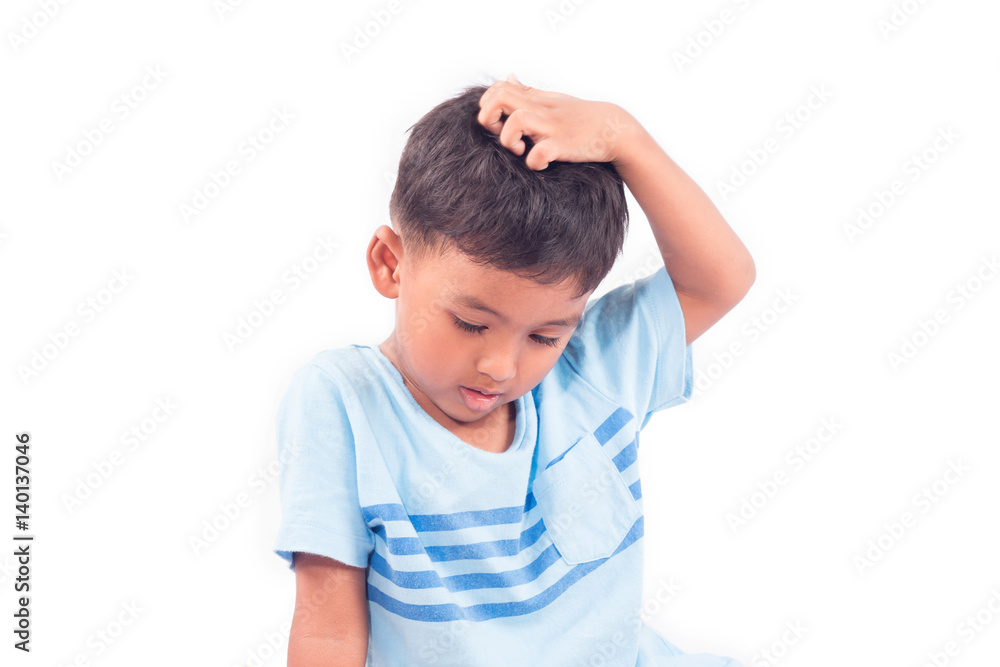 Cute child asian little boy scratching head Stock Photo | Adobe Stock