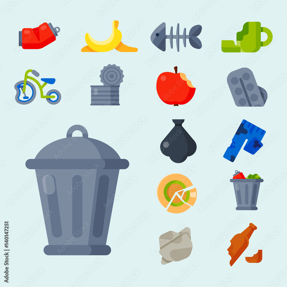 Household waste garbage icons vector illustration trash recycling ...
