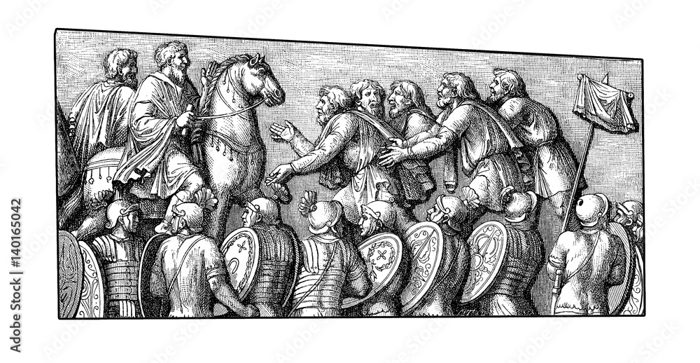 Vintage engraving representing Germans of the Marcomanni tribe begging ...