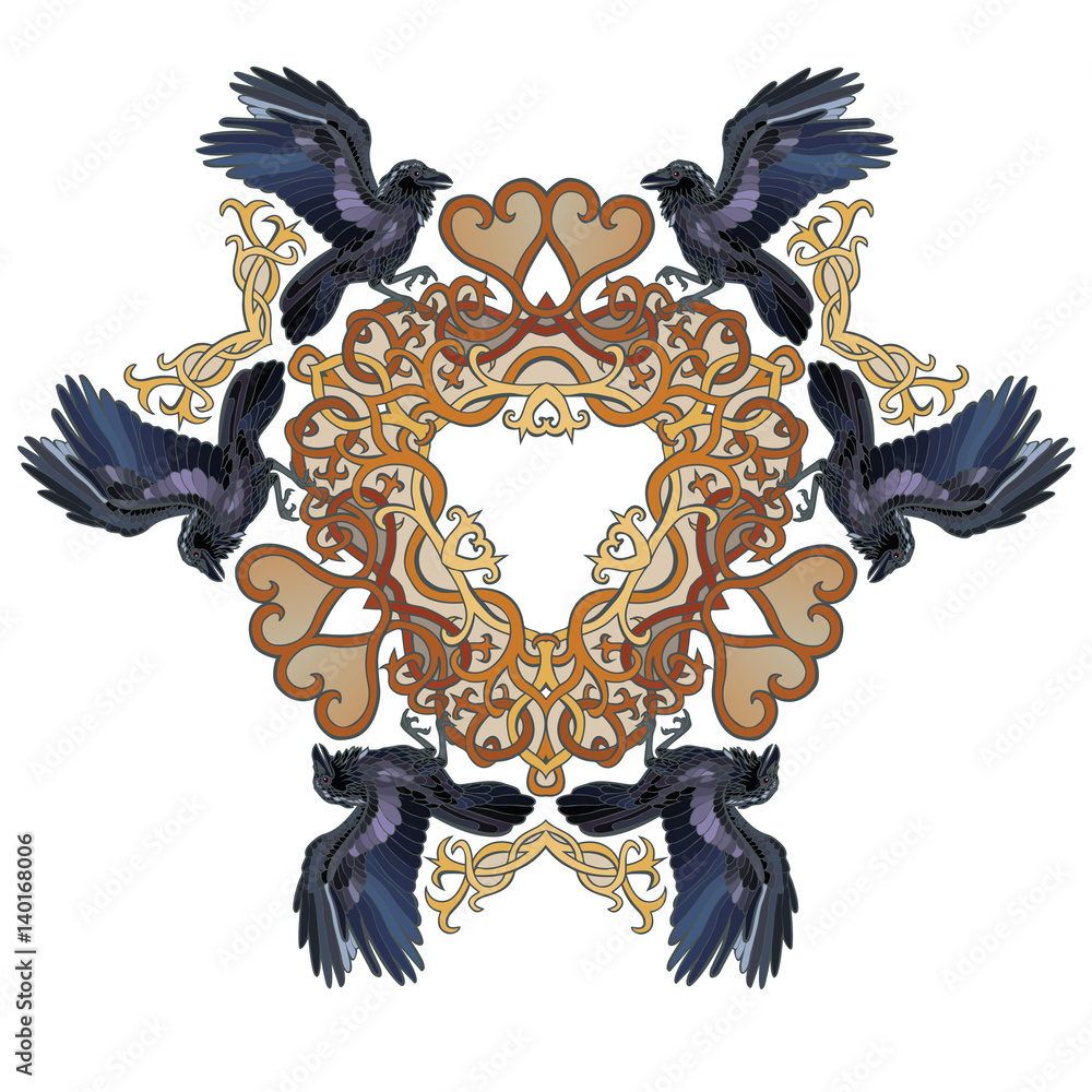 Vector illustration of ravens in love hearts Celtic style triangle ...