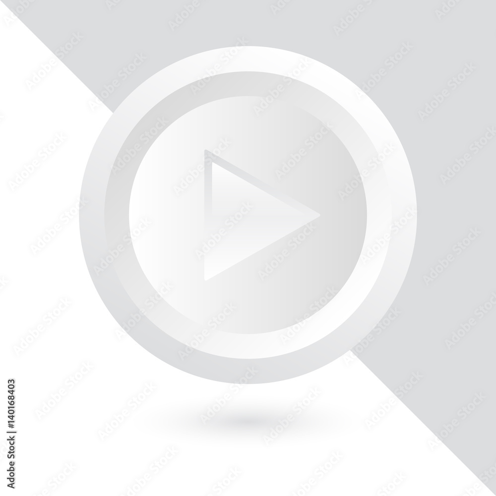Shiny white grey play button with shadow on white background, vector ...