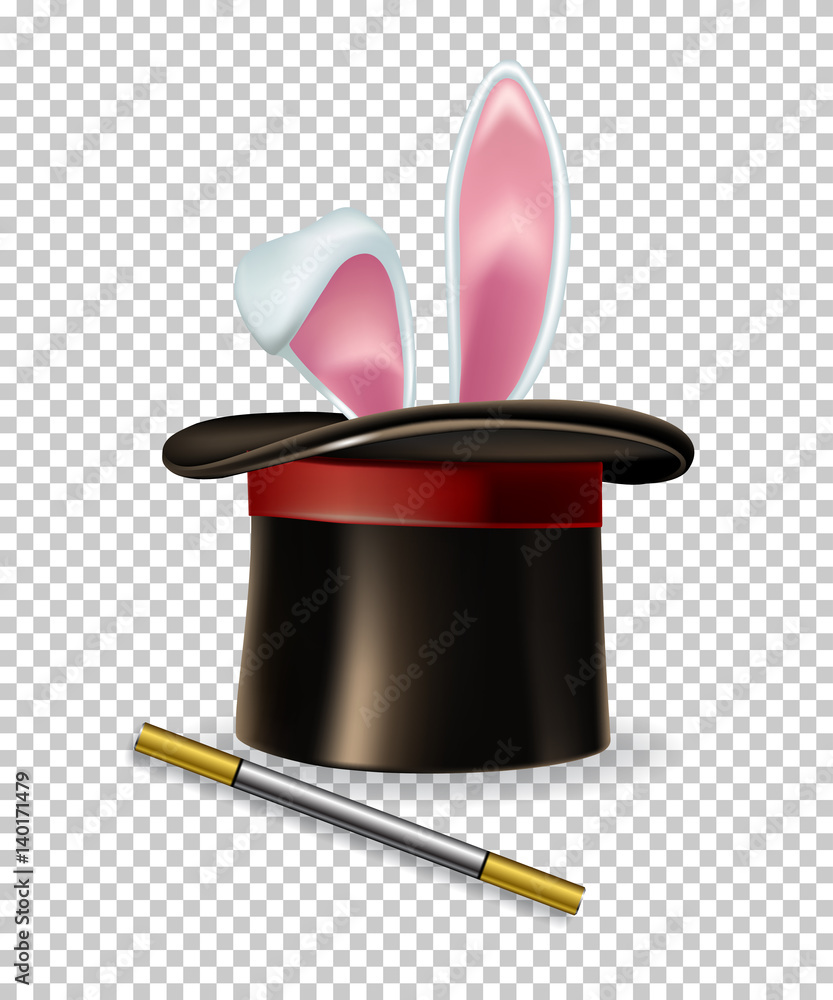 Vector rabbit ears appear from the magic hat and magic wand isolated on ...