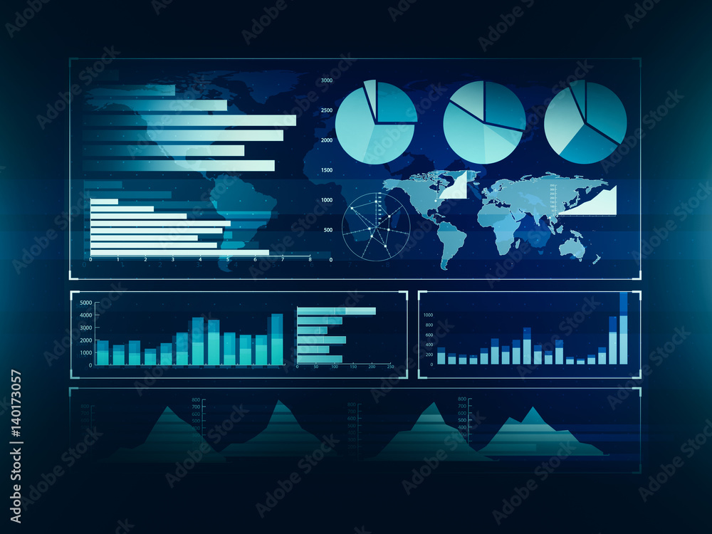 Chart with uptrend line graph, bar chart and diagram on dark blue ...