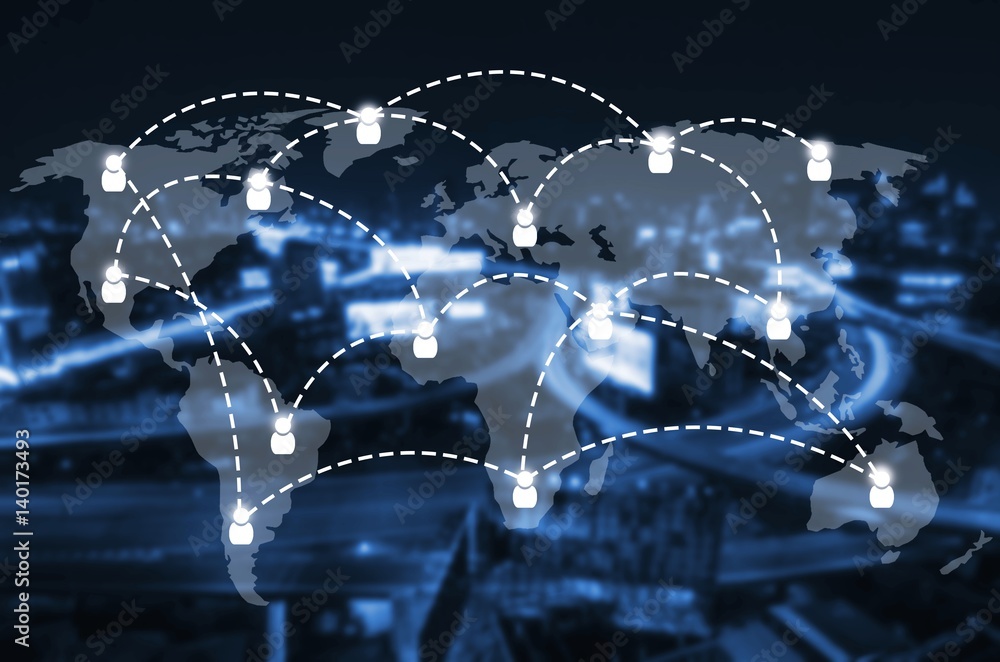 world map with social media connection icon on blurred night city ...