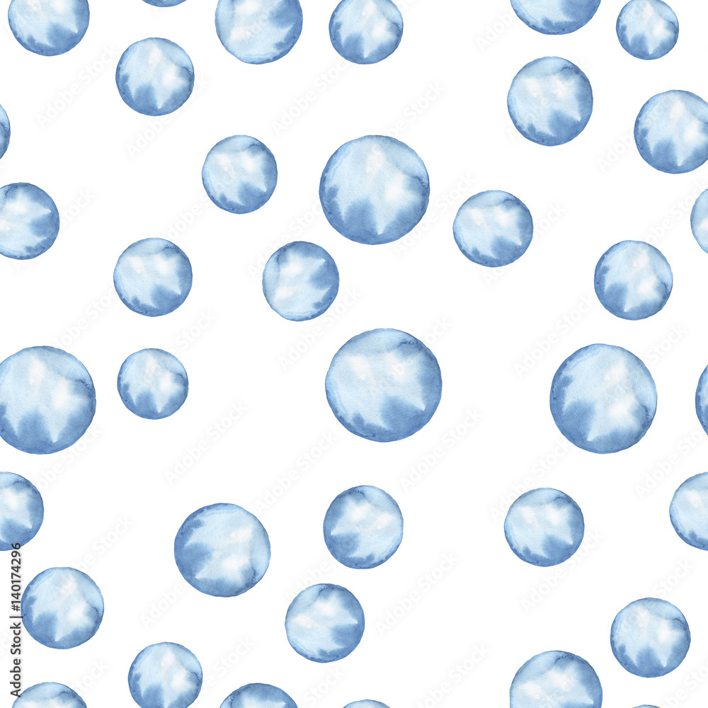 Seamless light blue polka dot pattern with watercolor stains on white ...