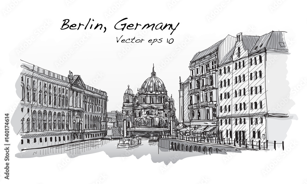 Cityscape in Germany. Berlin Cathedral. Old building hand drawn sketch ...
