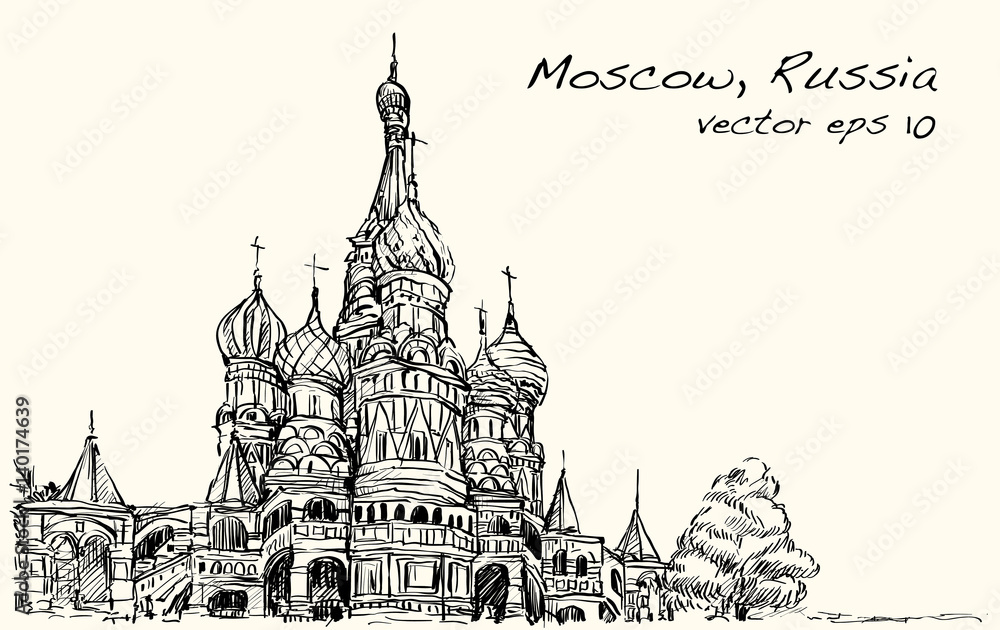Landscape sketch, Moscow, Russia, Red square, free hand drawing ...