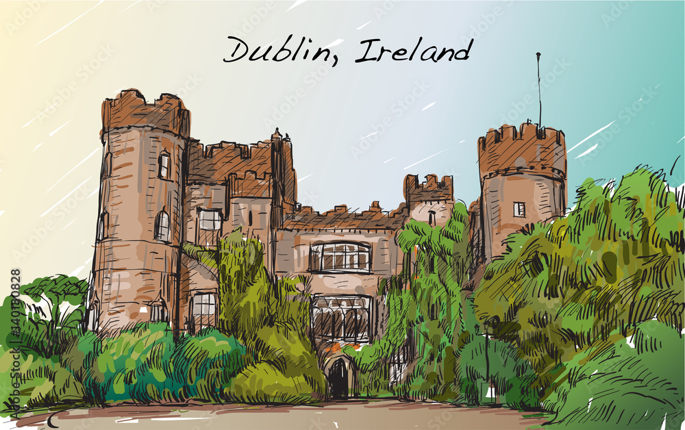 Sketch landscape of Dublin city, Ireland, Malahide castle, free hand ...