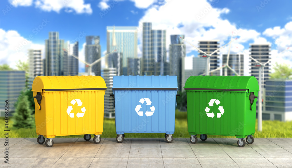 Concept of a clean environment. Three refuse container background of ...