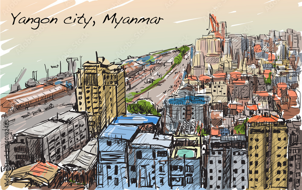 sketch cityscape of Yangon, Myanmar skyline, show building in downtown ...