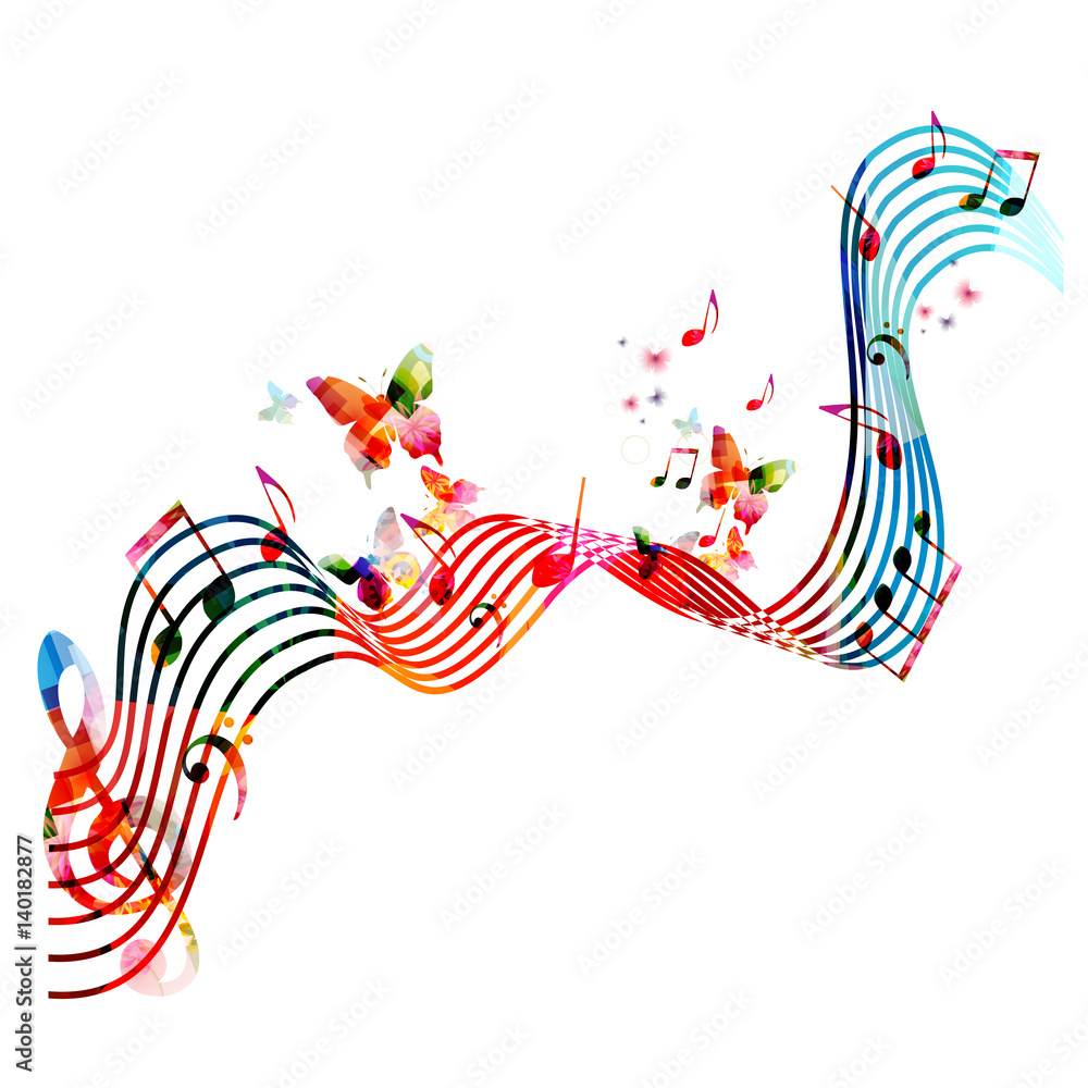 Colorful stave with music notes and butterflies isolated vector ...