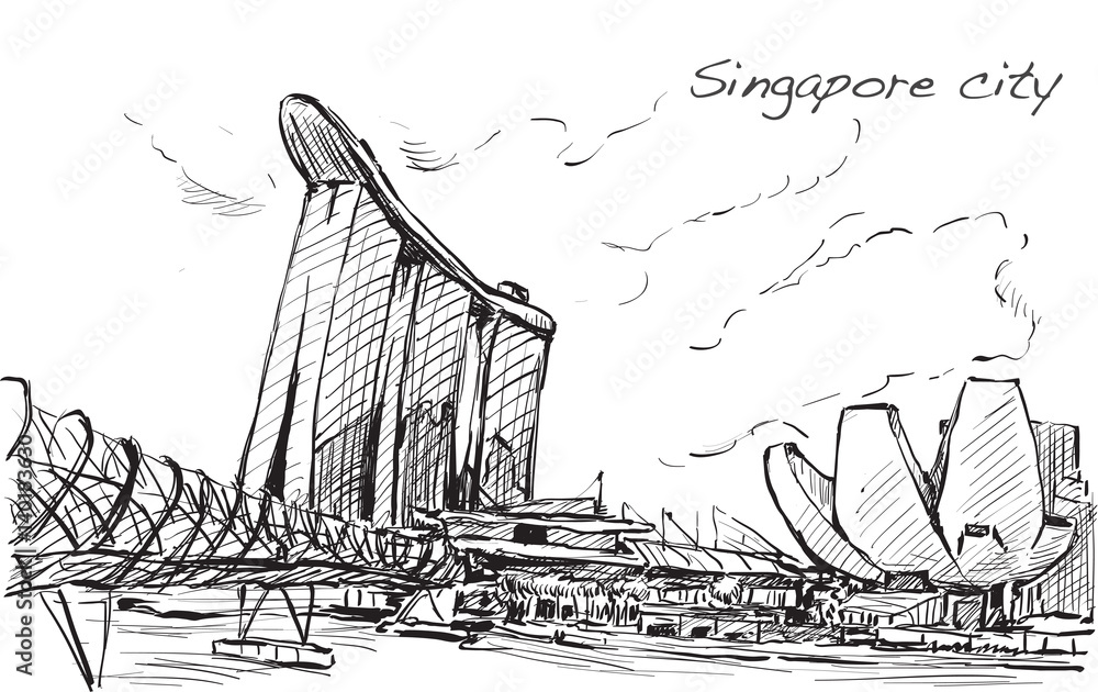 sketch cityscape of Singapore skyline, free hand draw illustration ...