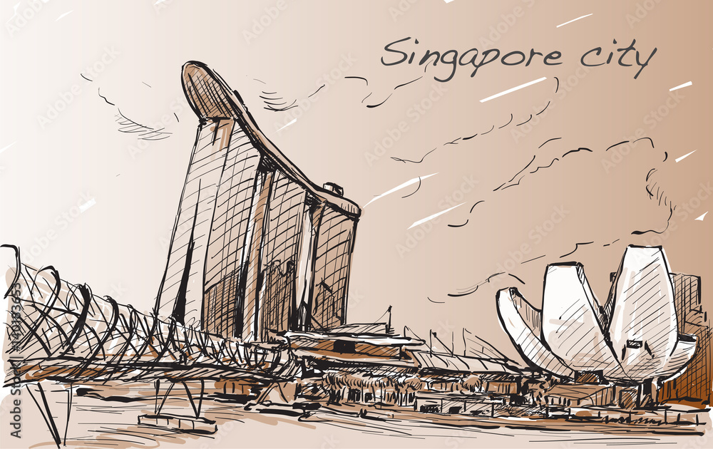 sketch cityscape of Singapore skyline in Sepia tone, free hand draw ...