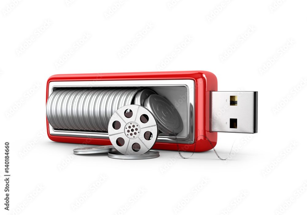Film strip in the middle USB drive on a white background. 3D ...