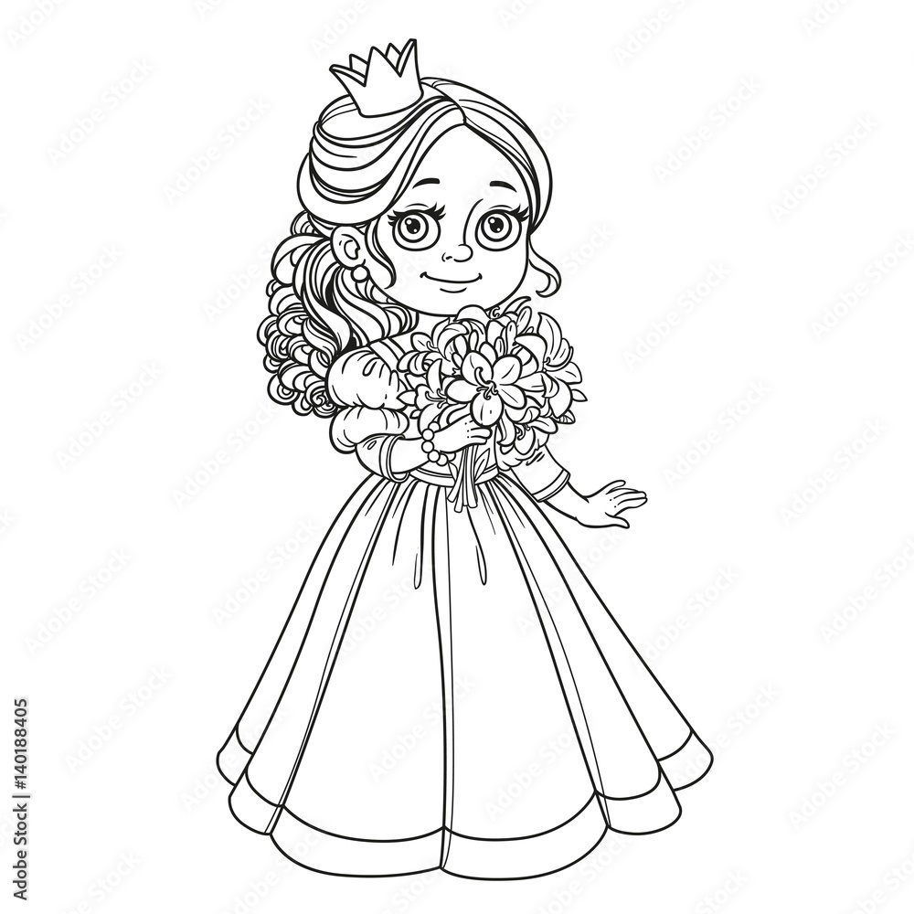 Beautiful princess holding bouquet of lilies in hand outline for ...