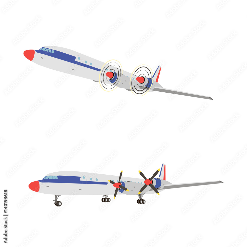 Vector flat illustration of a propeller passenger aircraft in static ...