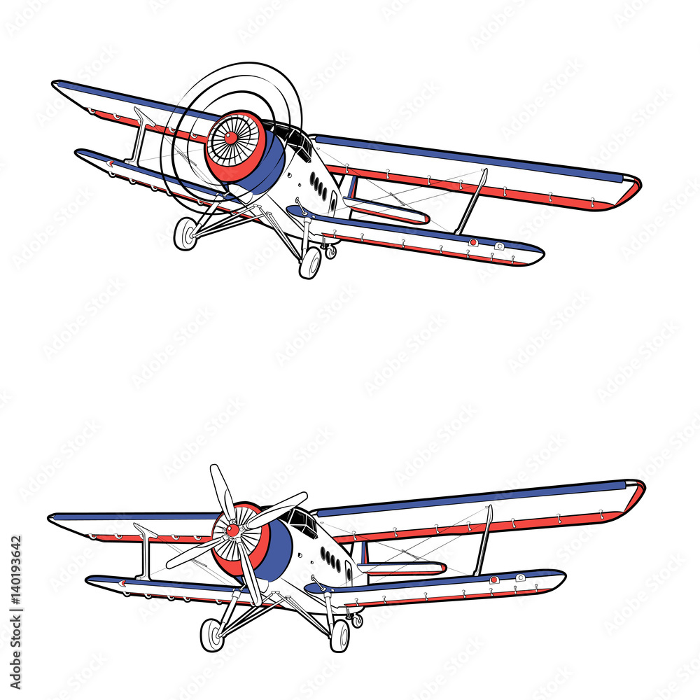 Vector illustration of a classic propeller aircraft in static and in ...