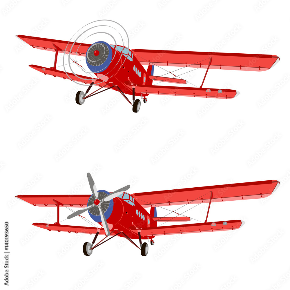 Vector flat illustration of a classic propeller aircraft in static and ...