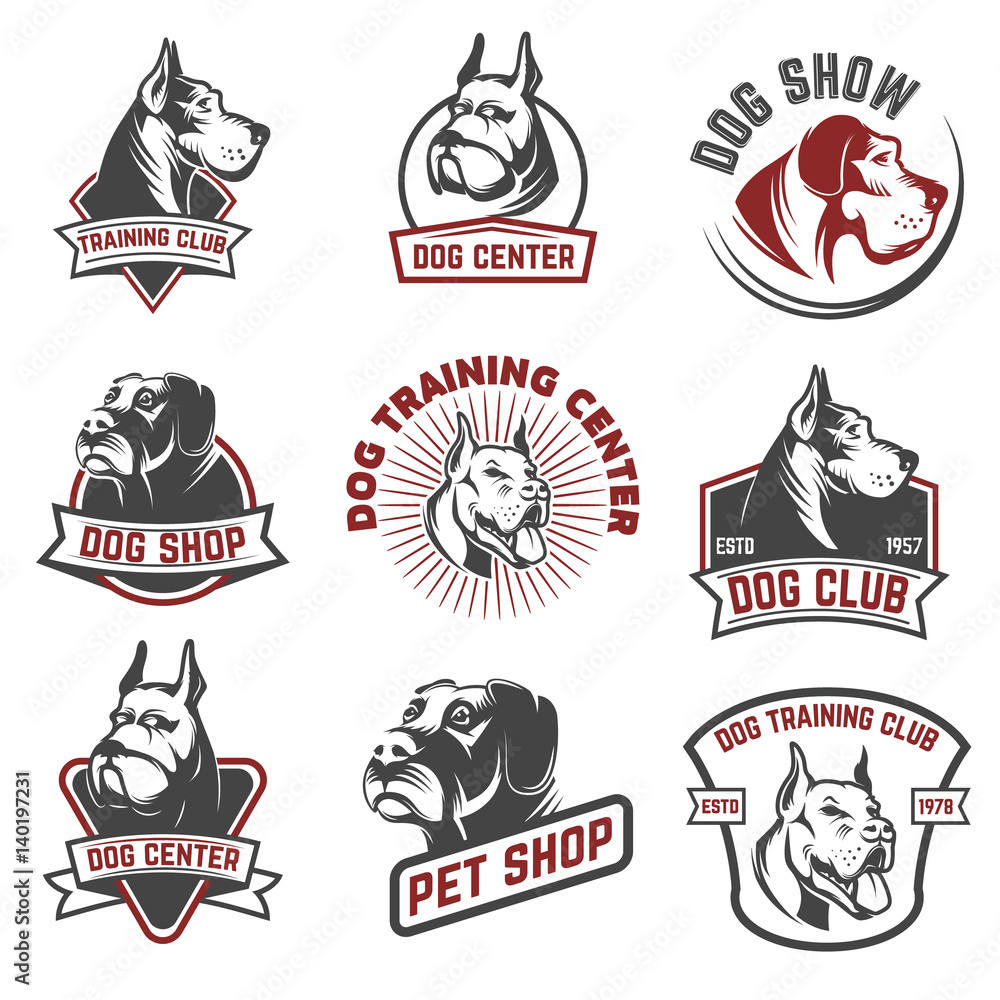 Dog shop, dog training center emblem templates isolated on white ...