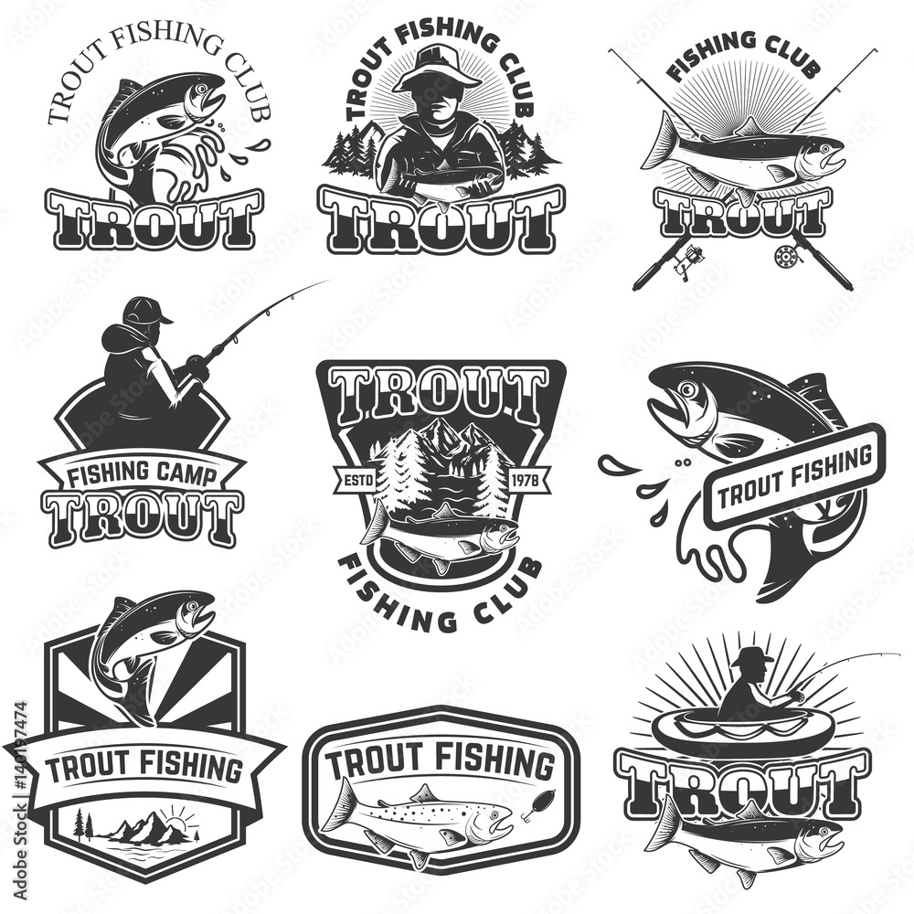 Set of trout fishing emblems isolated on white background. Design ...