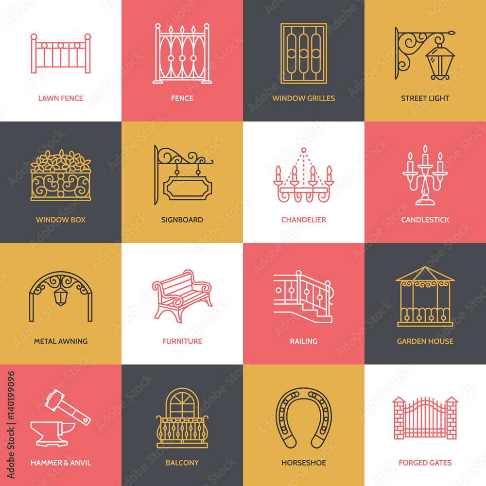 Forged metal products, artistic forging vector line icons. Blacksmith ...