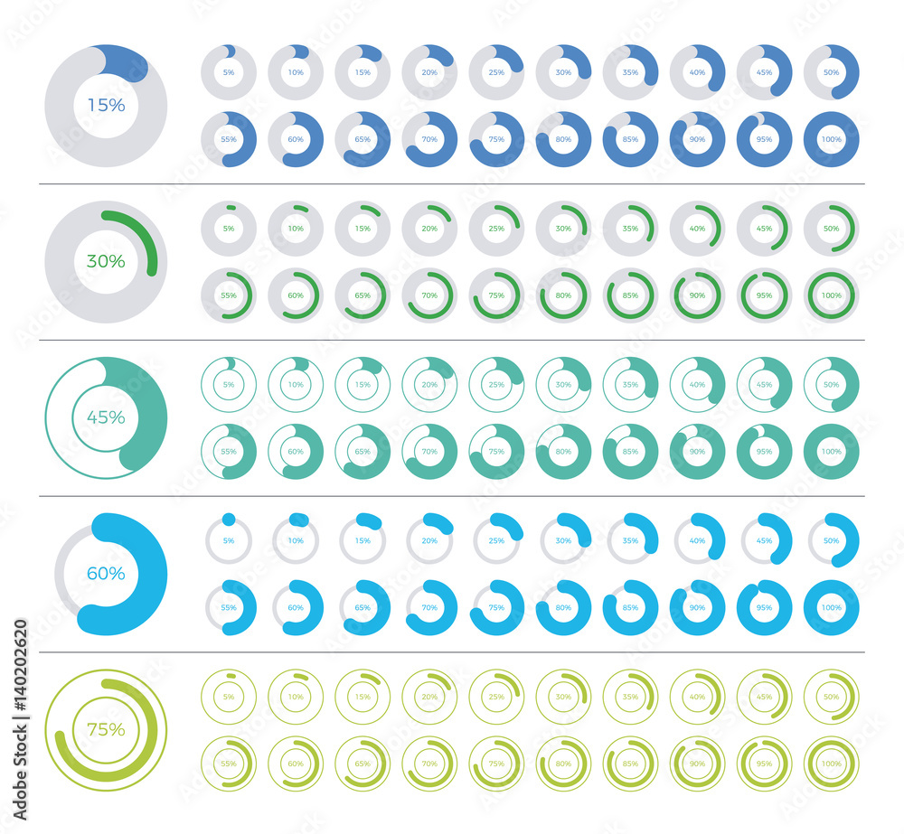 Set of pie chart infographic elements. 0, 5, 10, 15, 20, 25, 30, 35, 40 ...