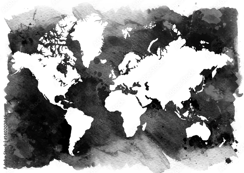 Black and white background. Horizontal vintage map of the world. Stock ...