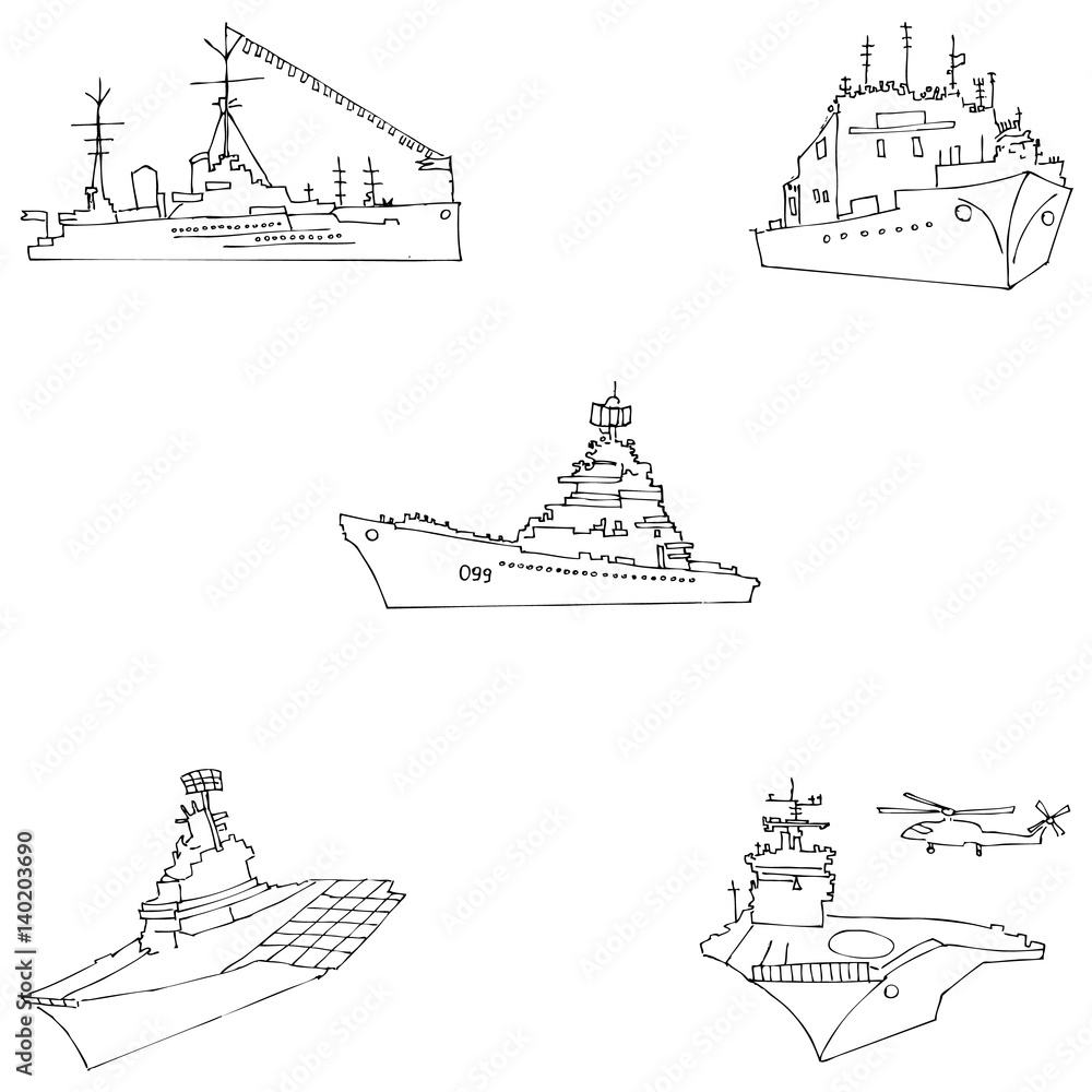 Warships. Sketch by hand. Pencil drawing by hand. Vector image. The ...