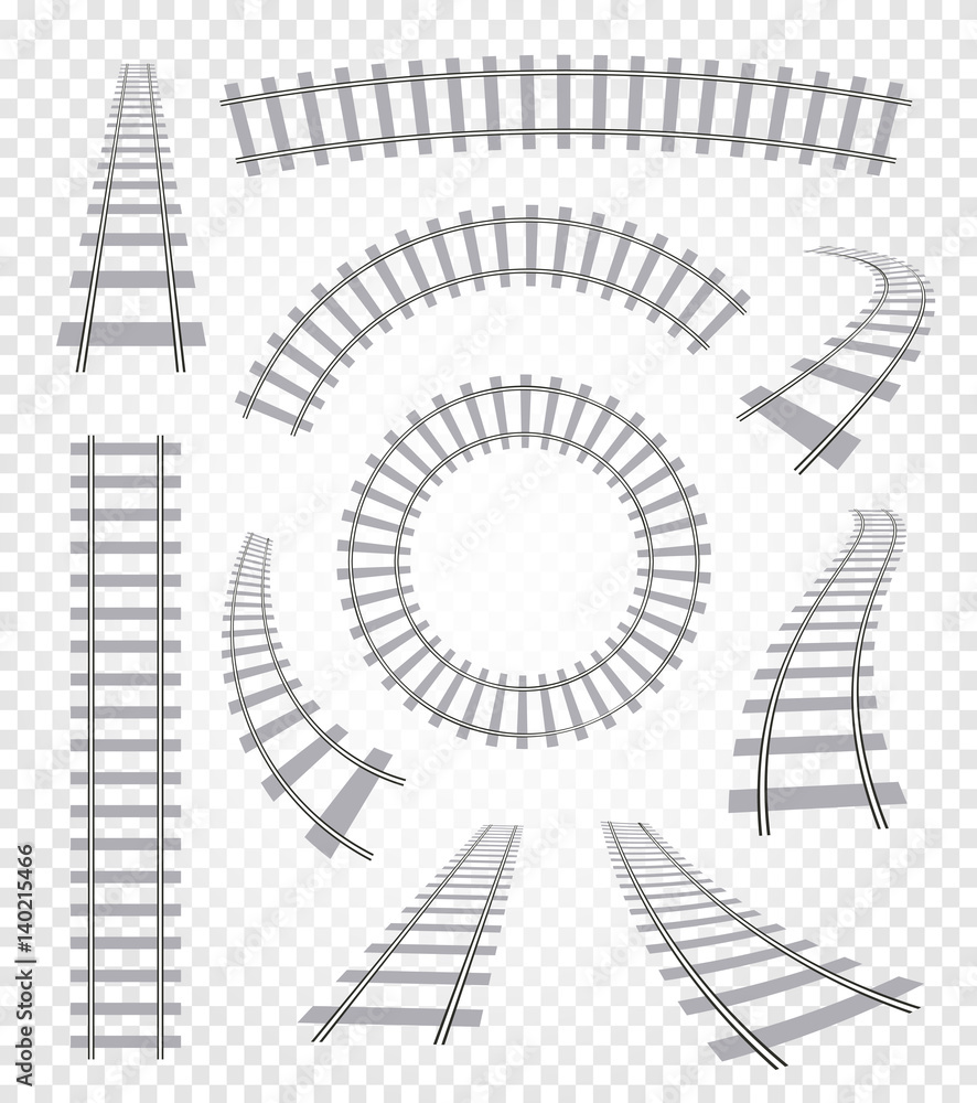 Isolated curvy and straight rails set, railway top view collection ...